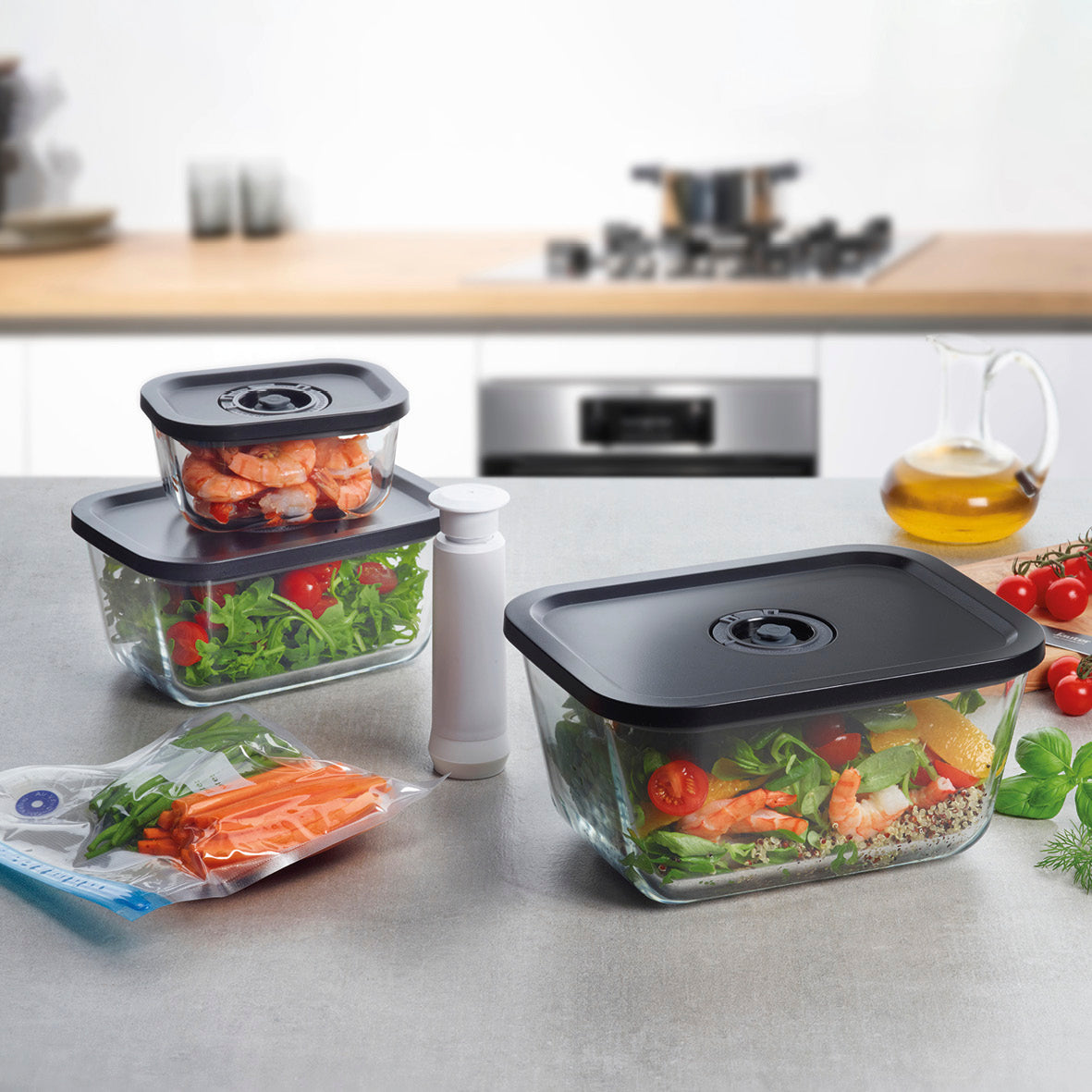 Set of 3 rectangular glass vacuum containers + 1 vacuum pump + 3 vacuu ...